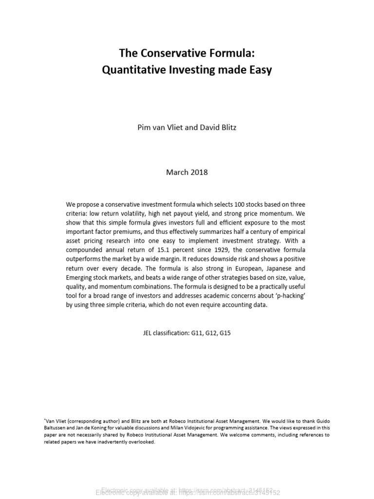 Conservative Formula by Pim Van Vliet | PDF | Investing | Capital Asset ...
