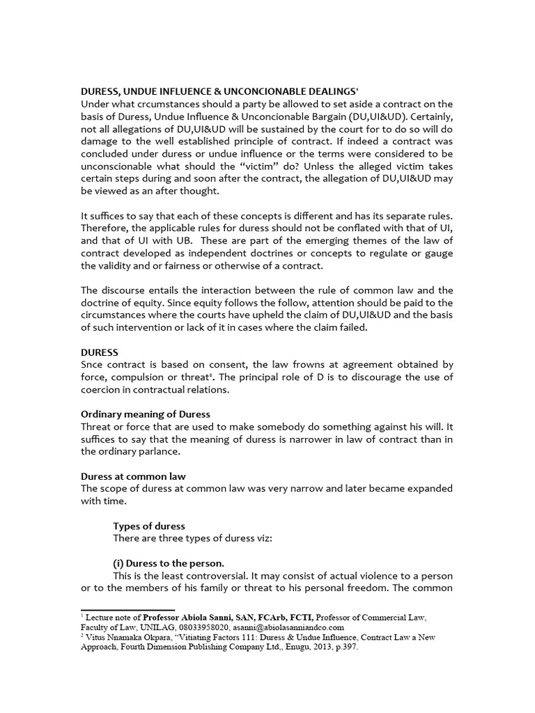 CONTRACT NOTE 2023 DURESS UNDUE INFLUENCE & UNCONCIONABLE DEALINGS ...