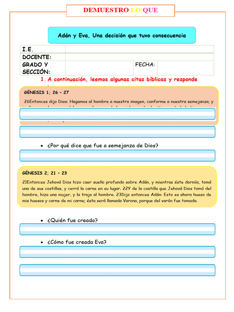 Ficha Religion - Adan y Eva | PDF | Adán y Eva | Adán