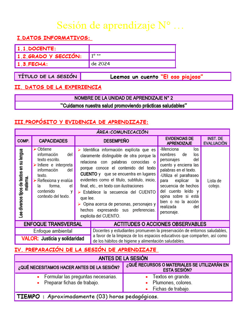 Sesión Leemos Un Cuento El Oso Piojoso Maestra Janet | PDF | Aprendizaje | Evaluación