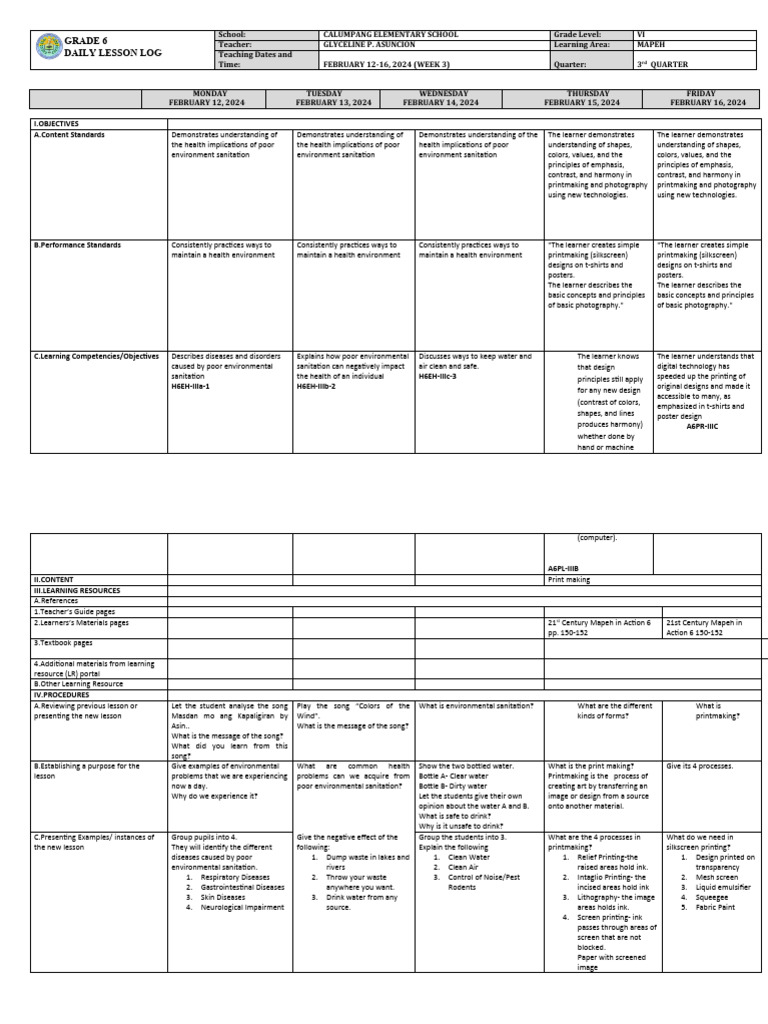 DLL - Mapeh-Health 6 - Q3 - W3 | PDF | Printmaking