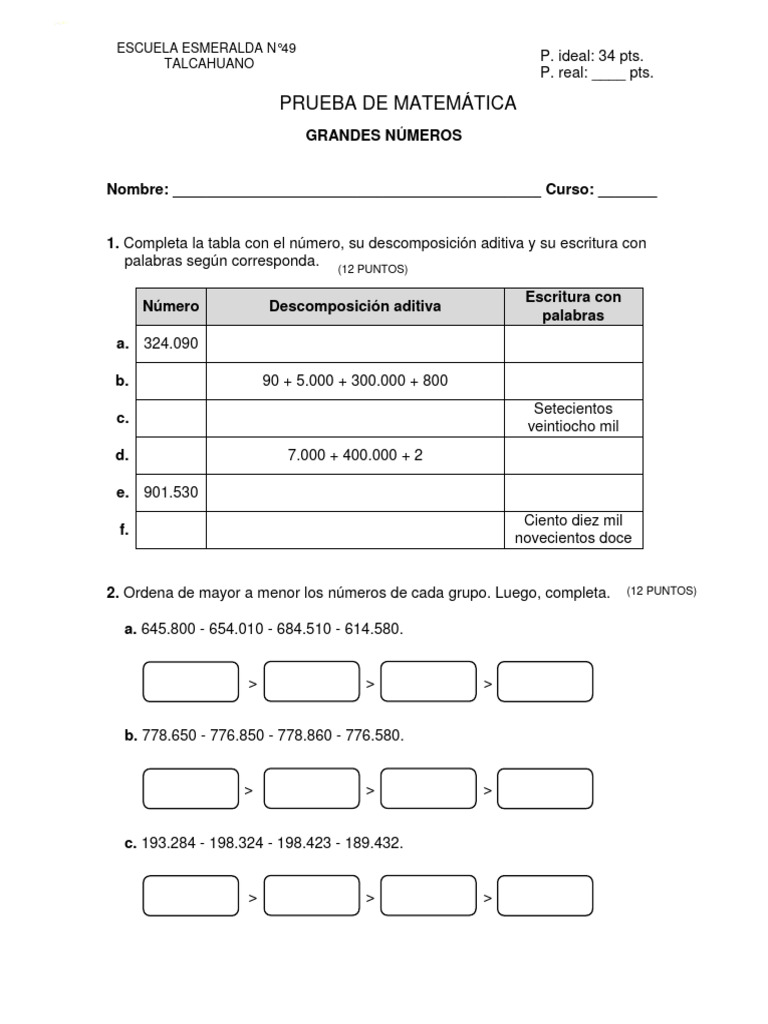 Prueba de Matemática: Grandes Números | PDF
