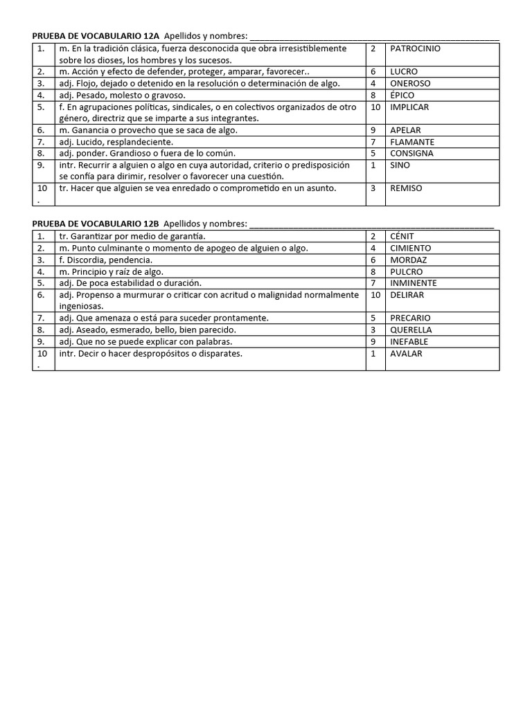 Prueba de Vocabulario 12 SM | PDF | Relaciones personales, crianza y ...