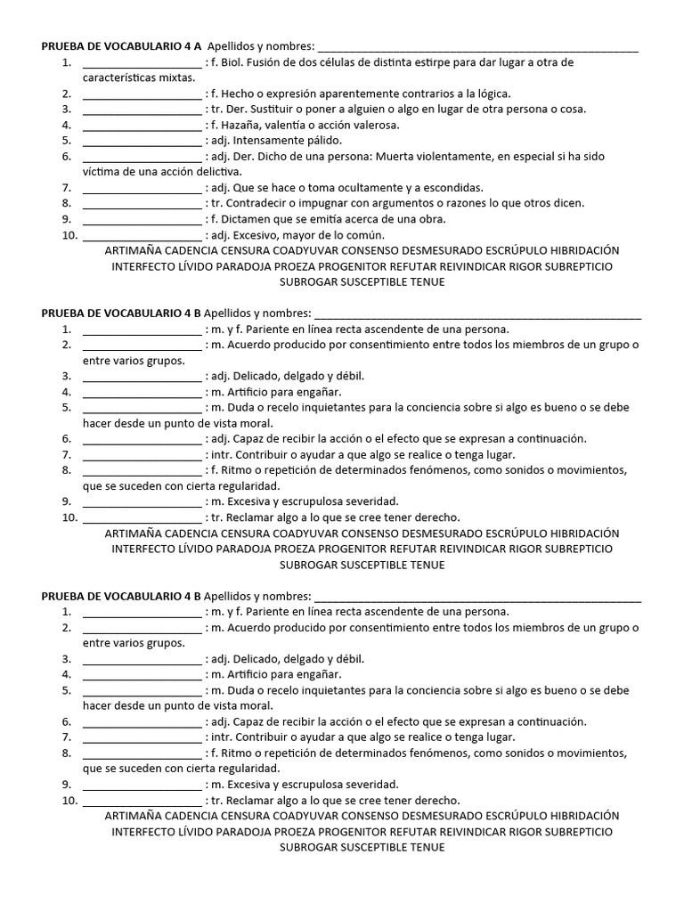 Prueba de Vocabulario 4 | PDF | Artes del Lenguaje y Comunicación ...