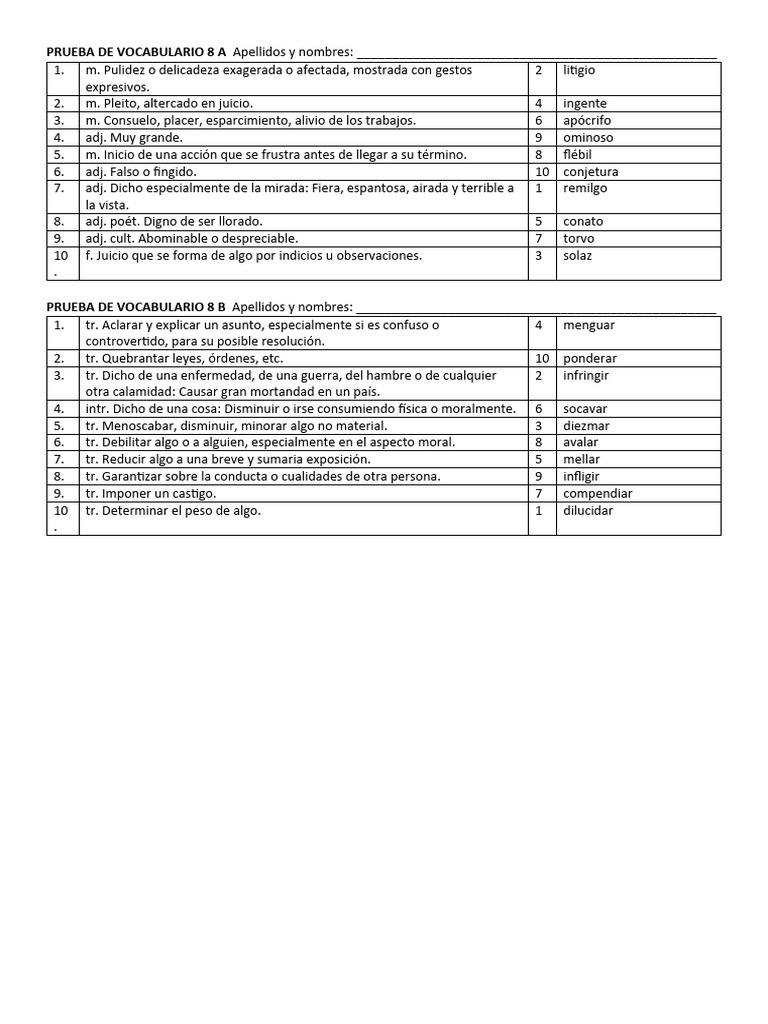 PRUEBA DE VOCABULARIO 8 | PDF