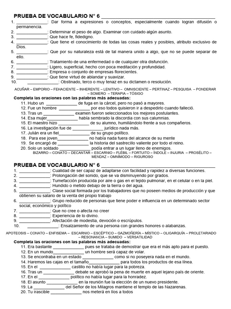 Prueba de Vocabulario 6 | PDF