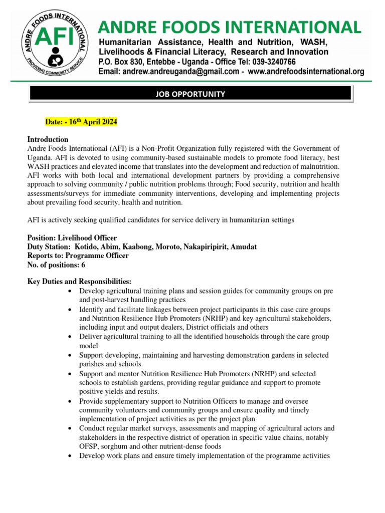 Livelihood Officer Job at Andre Foods | PDF | Food Security | Agriculture