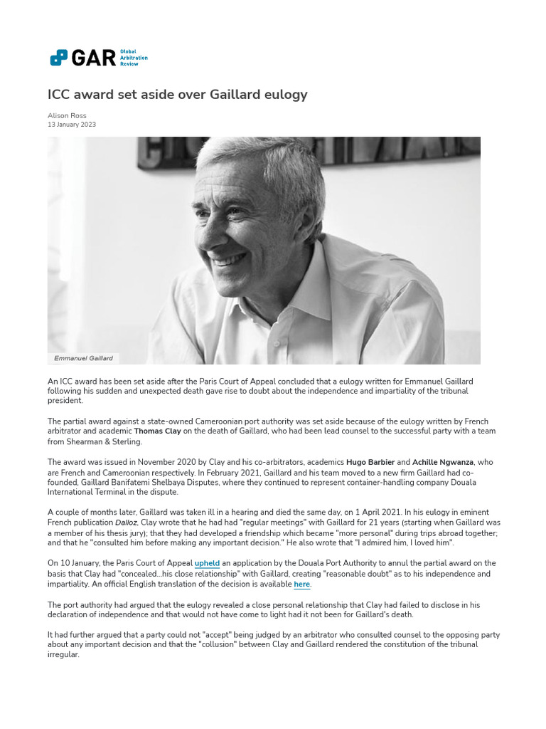 ICC Award Set Aside Over Gaillard Eulogy - Global Arbitration Review ...