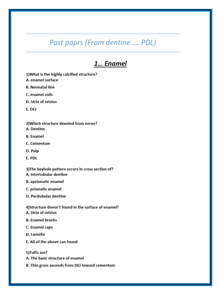 Enamel Past Papers | PDF | Tooth Enamel | Dentin