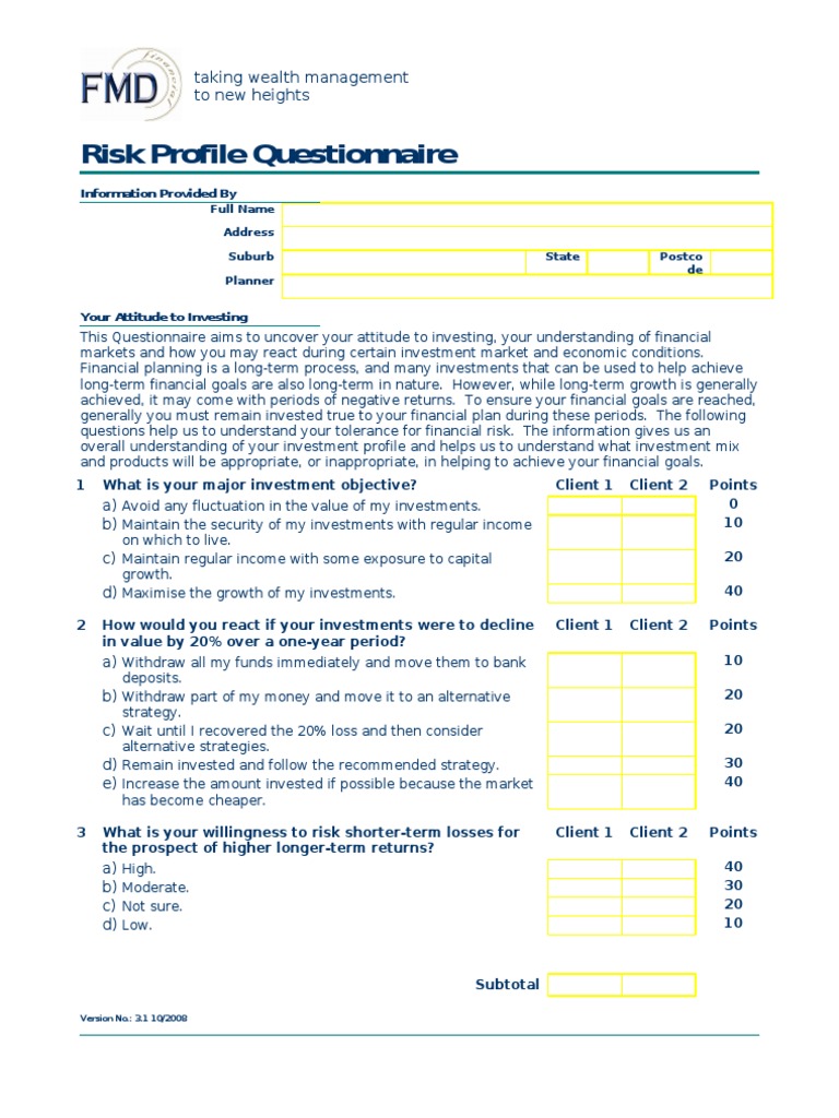 Risk & Profile Questionnaire | PDF | Investor | Investing