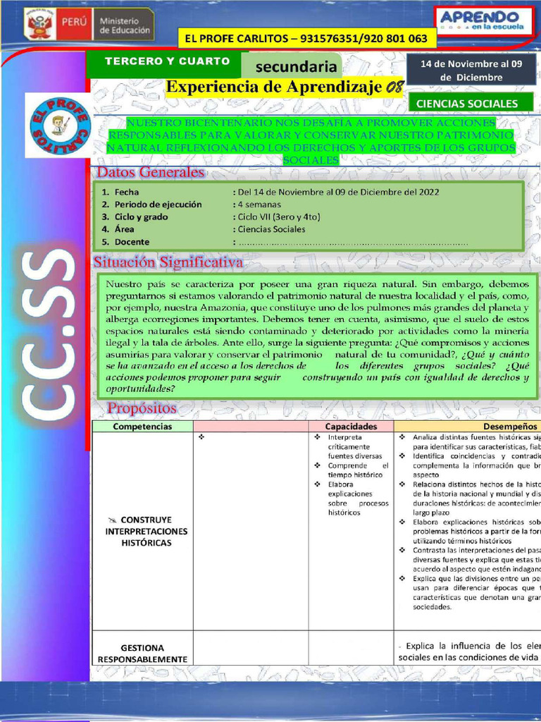 Experiencia de Aprendizaje 08 - 3ero y 4to - Ciencias Sociales - 2022 - 00001 | PDF