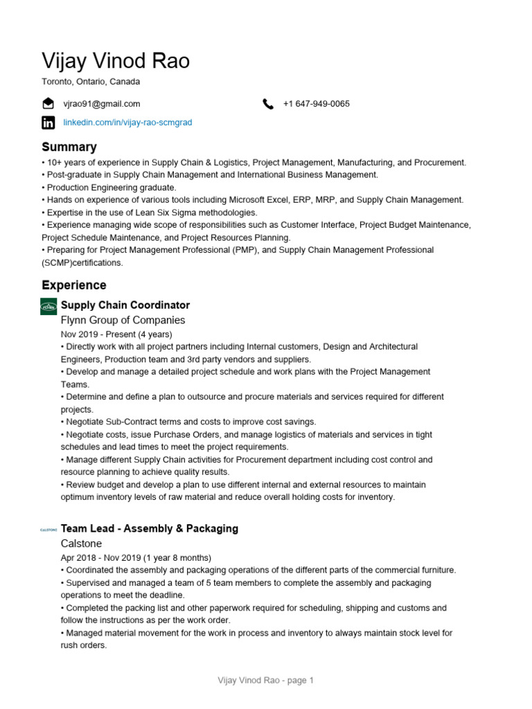 Resume Vijay Vinod Rao | PDF | Supply Chain Management | Supply Chain