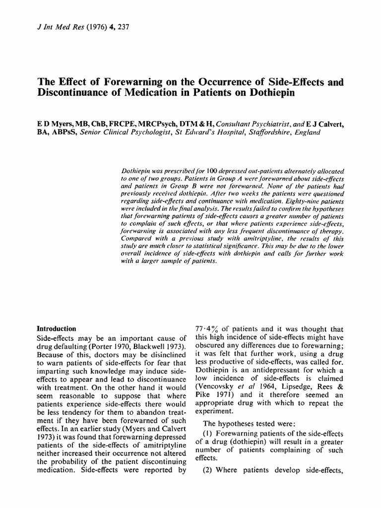 Forewarning Effects on Dothiepin Side-Effects | PDF | Adverse Effect ...