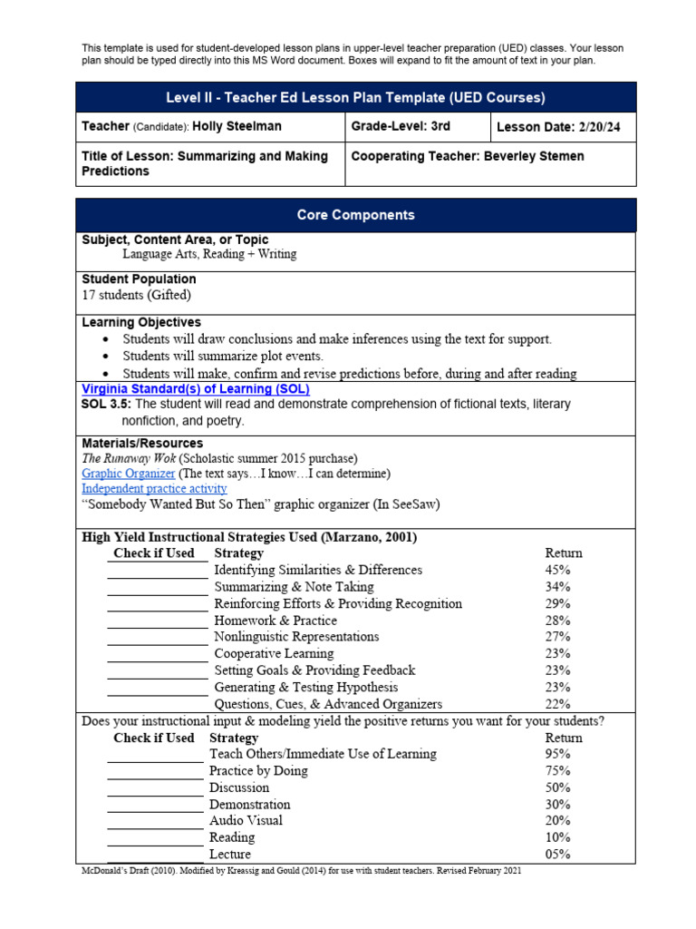 Ued496 Steelman Holly Lesson Plan and Reflection | PDF | Lesson Plan | Reading Comprehension