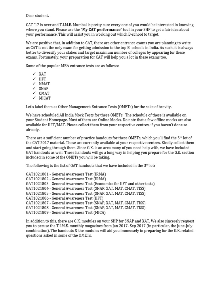 Preparation Guidance Post CAT | PDF | Educational Stages | Qualifications