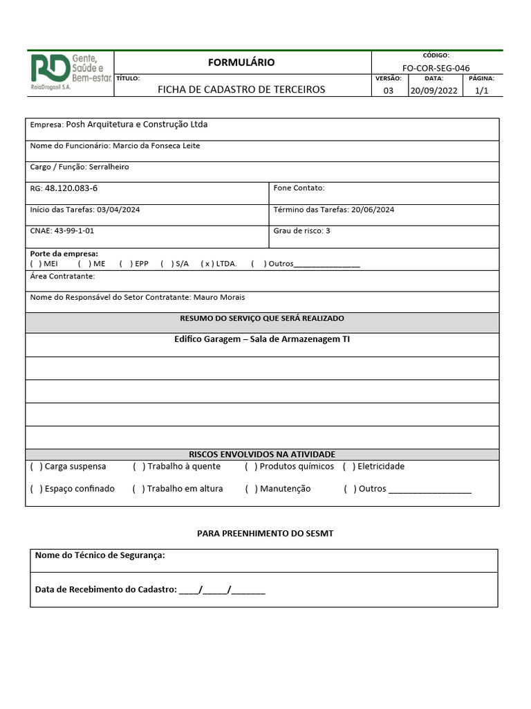 FO-COR-SEG-046 - FICHA DE CADASTRO DE TERCEIROS - Modelo | PDF | Computadores