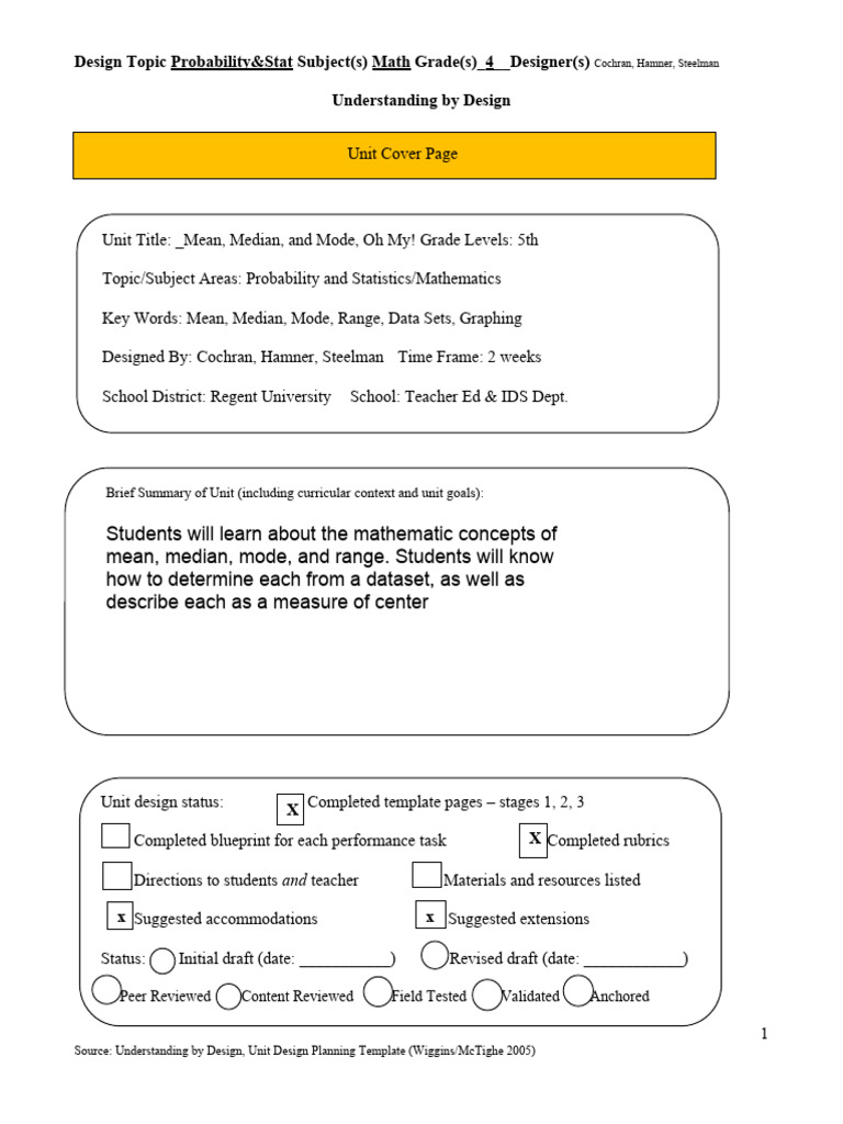 Mean, Median, Mode Unit Plan for 5th Grade | PDF | Mean | Median