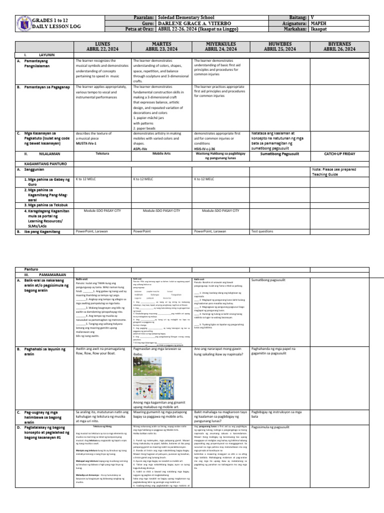 DLL in MAPEH 5 Q4 W4 | PDF