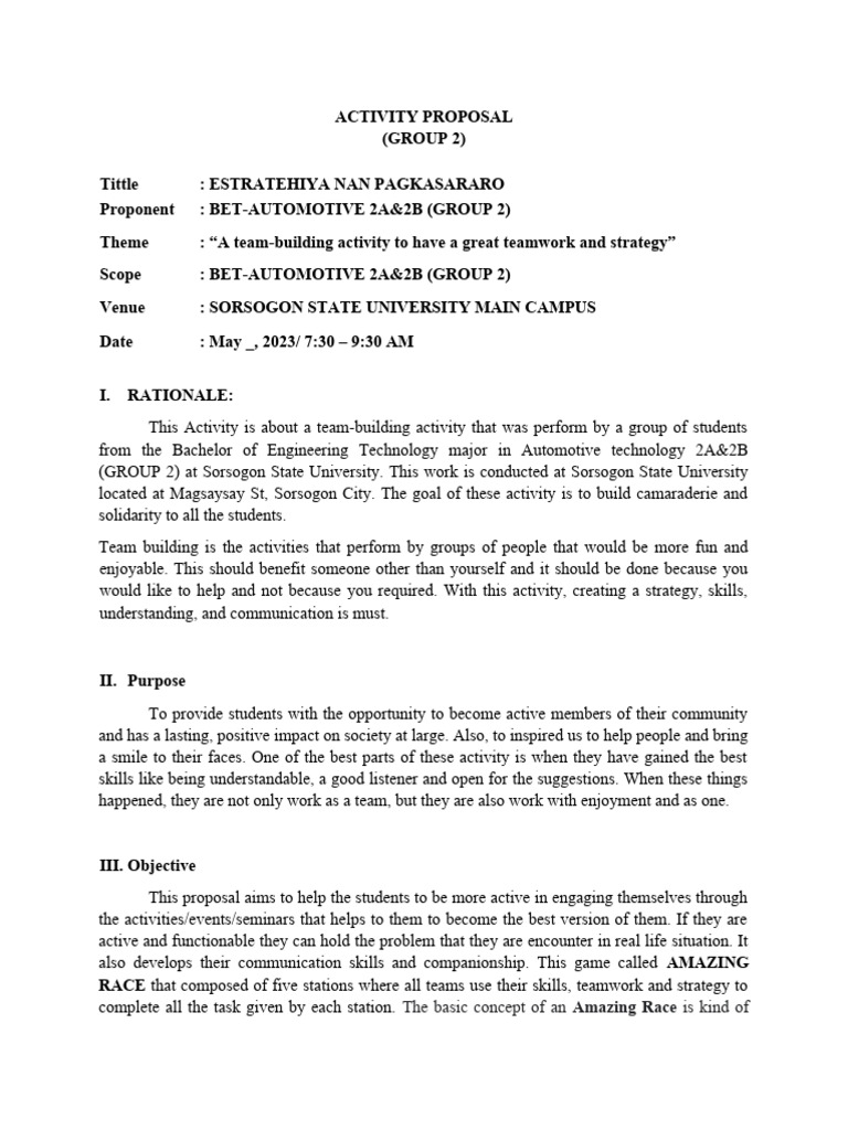 Activity Proposal (Group 2) | PDF | Team Building | Cognition
