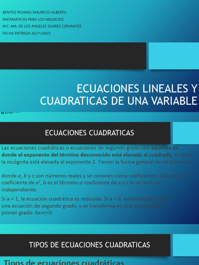 Benitez Mauricio Tipo De Ecuaciones Cuadraticas Pdf Ecuaciones