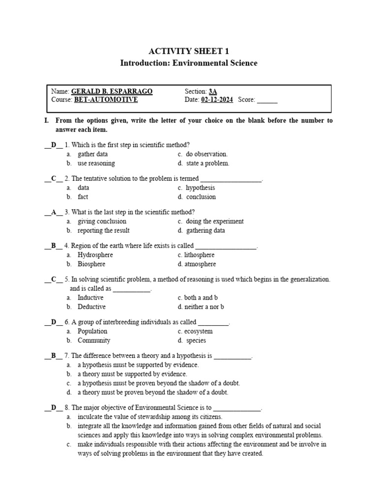 Envi. Sci. Act. 1 | PDF | Science | Theory