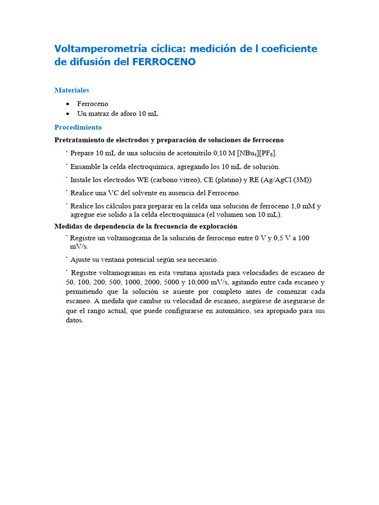 Determinacion Coeficiente de Difusion Del Ferroceno | PDF | Electricidad | Química Física