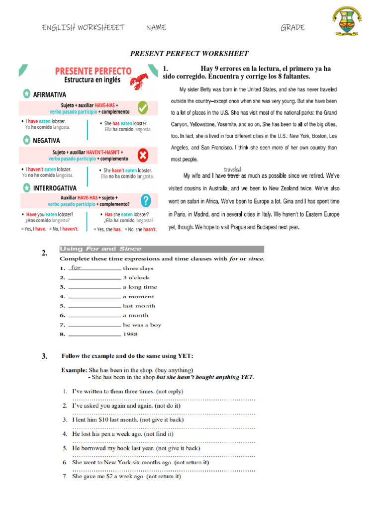 Present Perfect English Worksheet | PDF