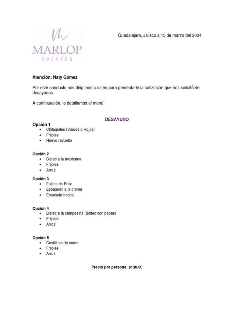 Desayunos Marzo 2024 | PDF
