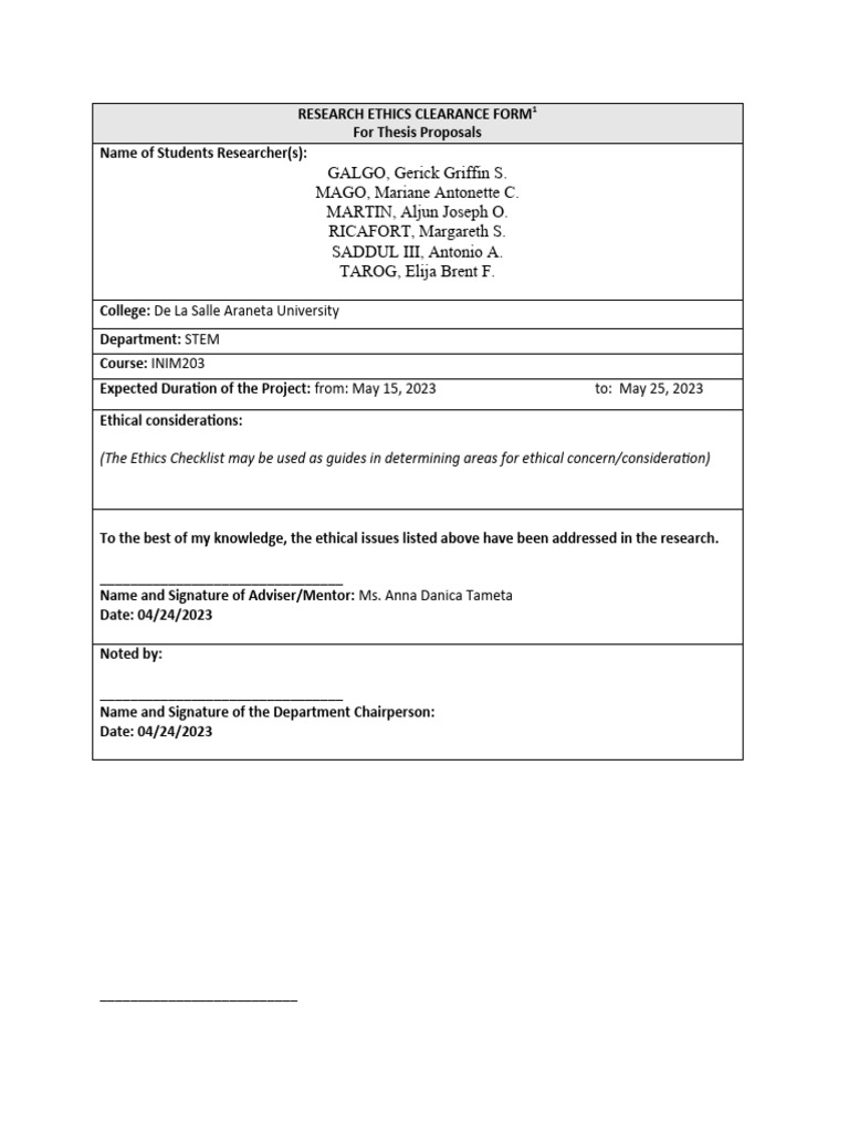 Ethics Clearance Form | PDF | Computers