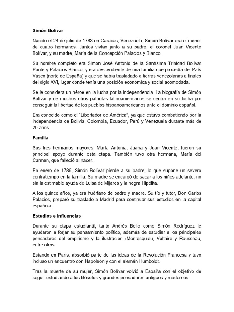 Biografía de Simón Bolívar: El Libertador | PDF | Venezuela