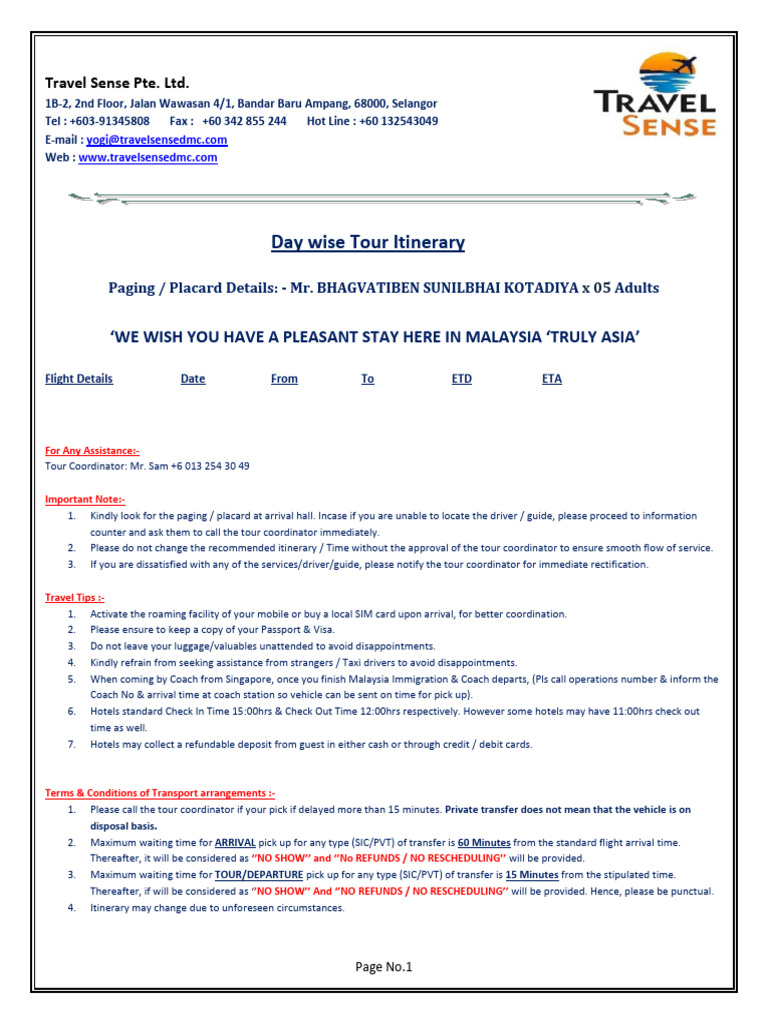 Day Wise Tour Itinerary - Copy 1 (23 Mar 24) Mr. Bhagvatiben Sunilbhai ...