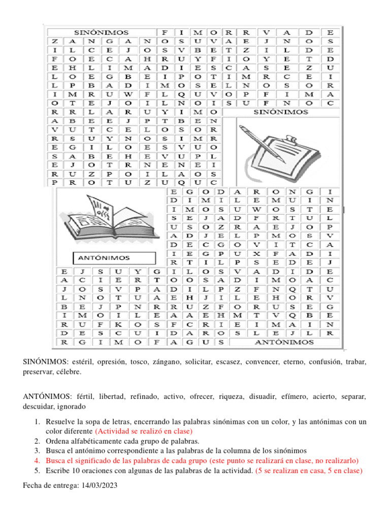 Sinónimos y Antónimos en Actividades Escolares | PDF