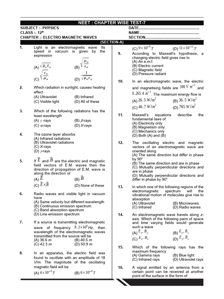 NEET Physics Test: Electromagnetic Waves | PDF | Electromagnetic ...