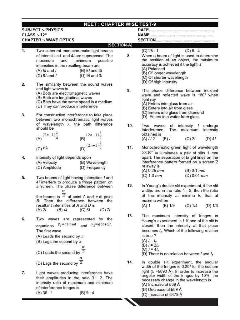 9 - Wave Optics Question | PDF | Diffraction | Wavelength