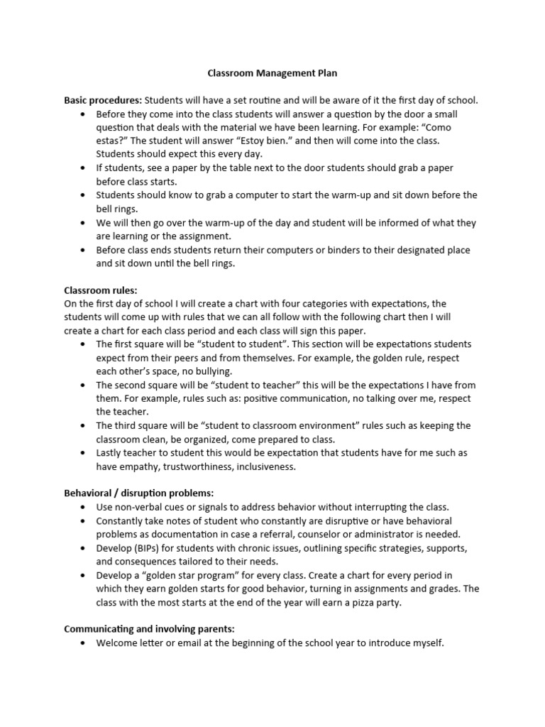 classroom management plan | PDF | Classroom Management | Classroom