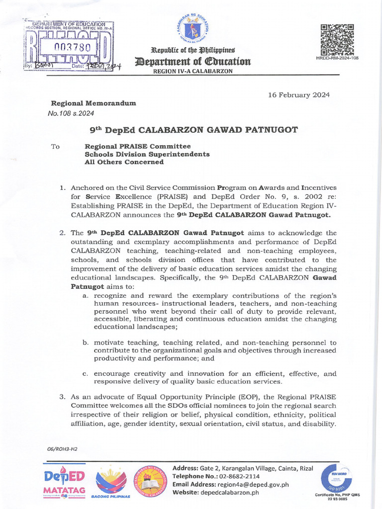 RM 108 S. 2024 9th DepEd CALABARZON Gawad Patnugot | PDF