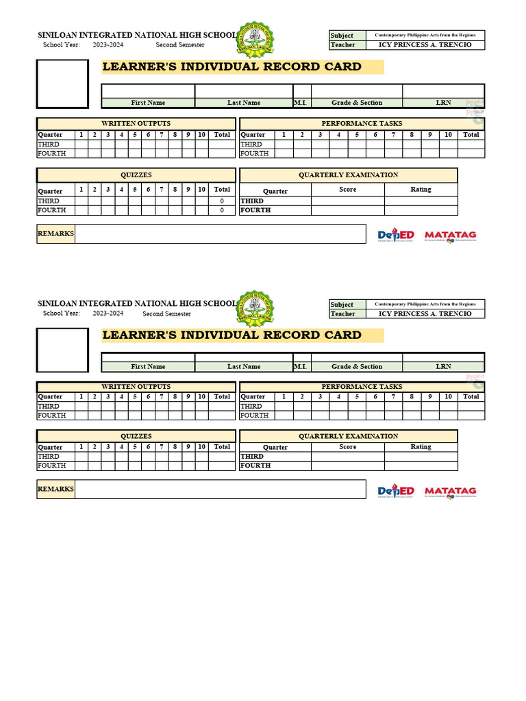 Learner's Individual Record Card (Excel) | PDF | Learning | Behavior Modification