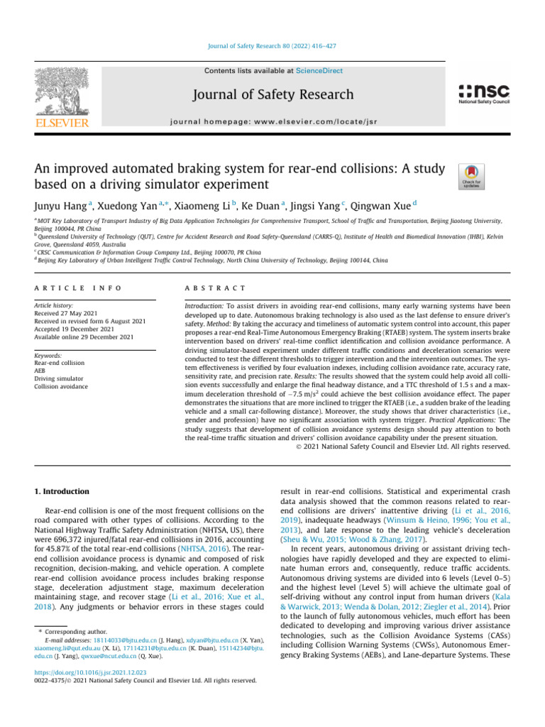 An Improved Automated Braking System For Rear-End Collisions A Study ...