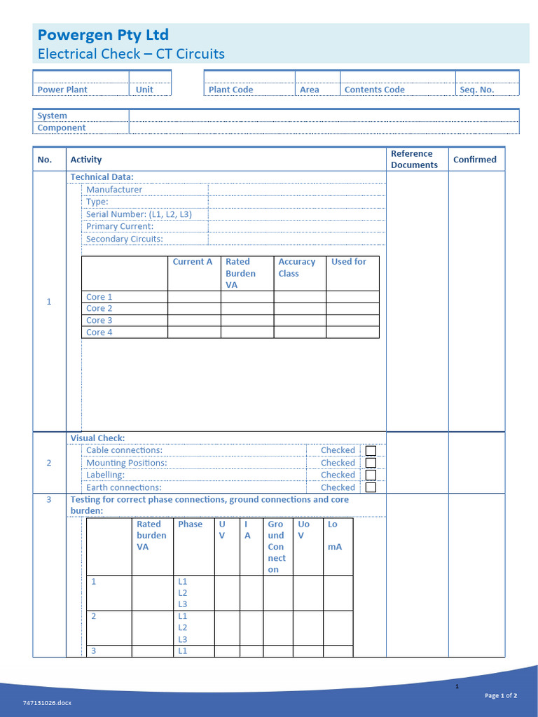 GENSRV-ENG-1000-FRM-024-A - Electrical Check - CT Circuits | PDF | Computing | Electrical ...