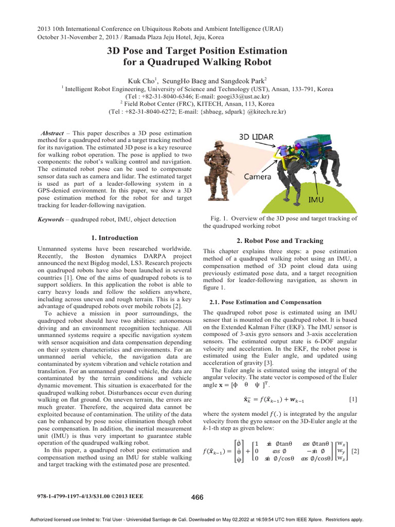 3D Pose and Target Position Estimation For A Quadruped Walking Robot | PDF