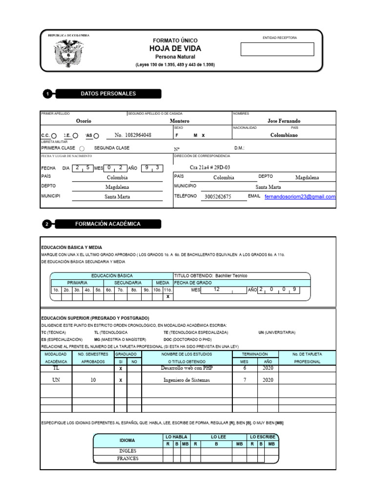 Formato Hoja De Vida Funcion Publica Pdf