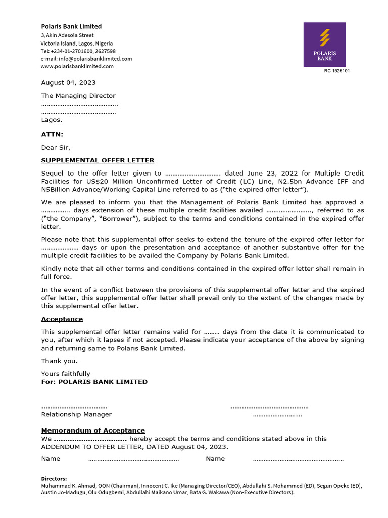 Sample Addendum Offer Letter (1) | PDF | Banking | Financial Services