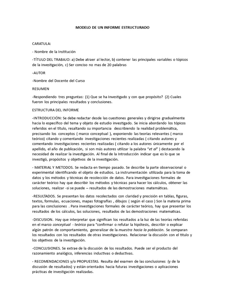 MODELO DE UN INFORME ESTRUCTURADO | PDF | Teoría | Matemáticas