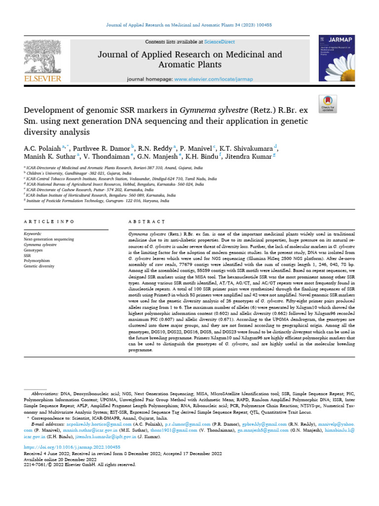 Development of Genomic SSR Markers in Gymnema Sylves - 2023 - Journal ...