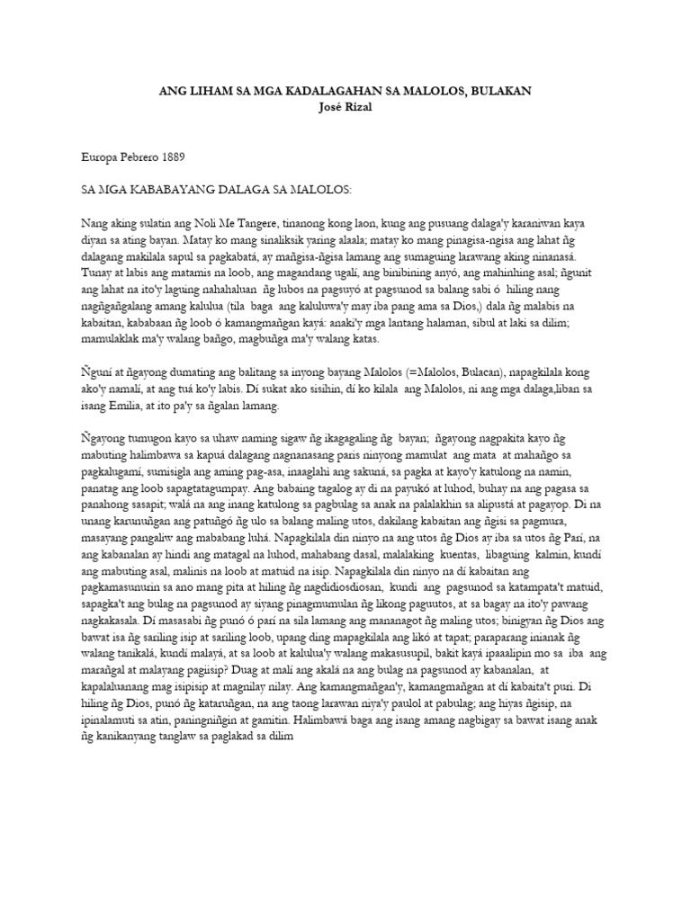 Ang Liham Sa Mga Kadalagahan Sa Malolos | PDF