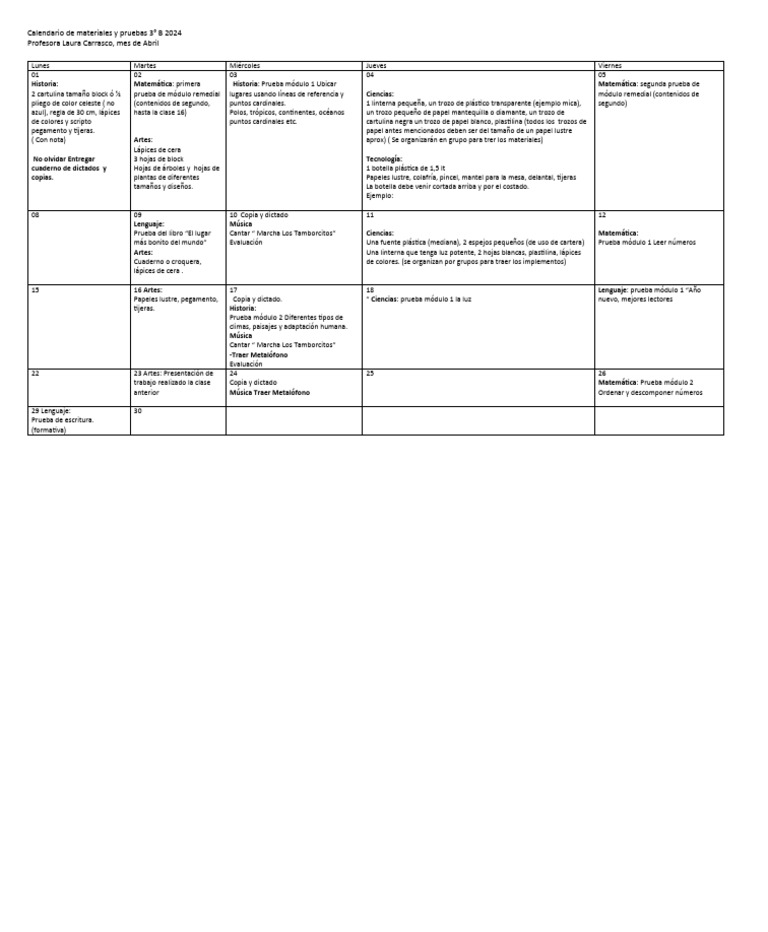 Calendario 3Â° B Abril | PDF