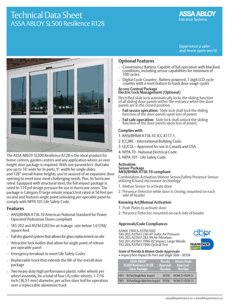 ASSA ABLOY SL500 Resilience R128 TechDataSheet | PDF | Door