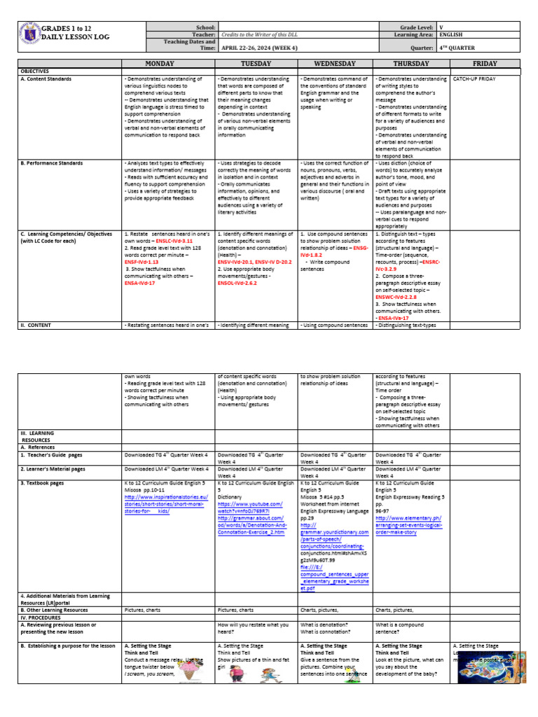 Grade 5 Dll English 5 Q4 Week 4 Pdf English Language Reading