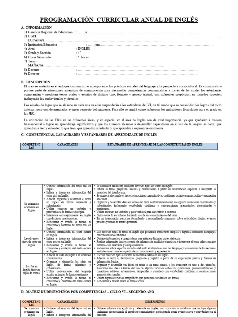 PA Ingles CUARTO GRADO - 2024 | PDF | Enseñando | Entorno natural